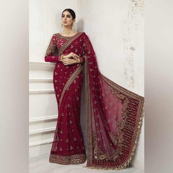Maria B | Dresses | Maria B Pakistani Designer Maroon Embellished Saree ...